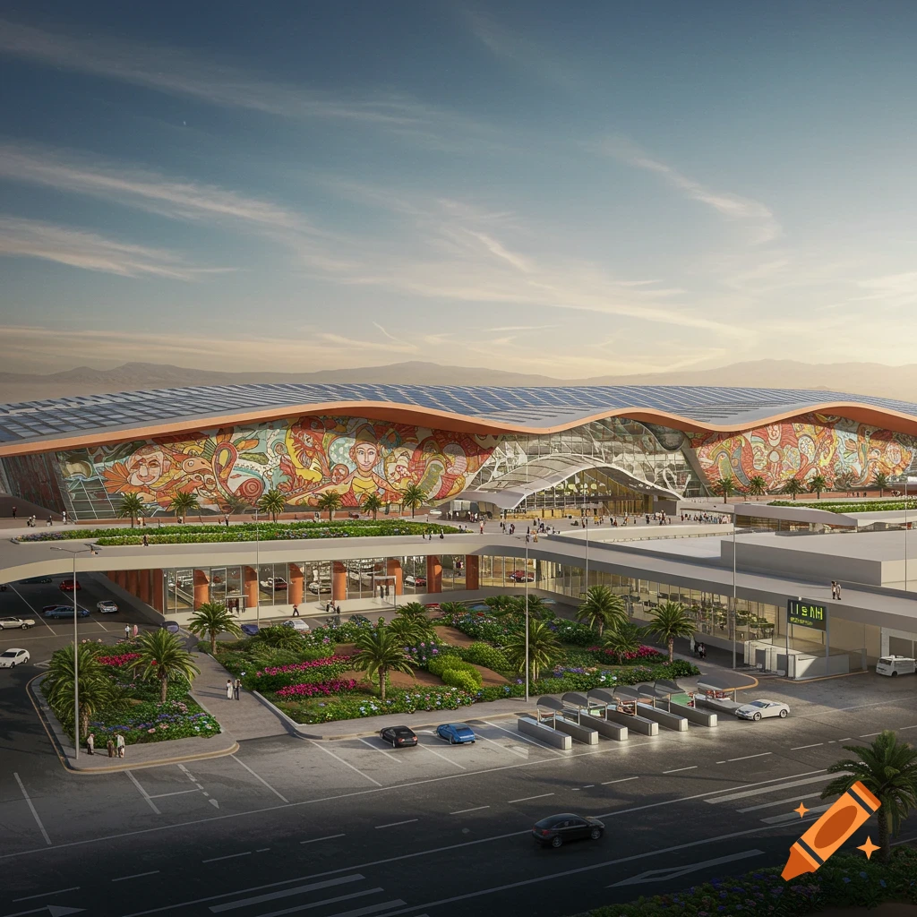 Photorealistic rendering of a modern airport terminal with a colorful ...