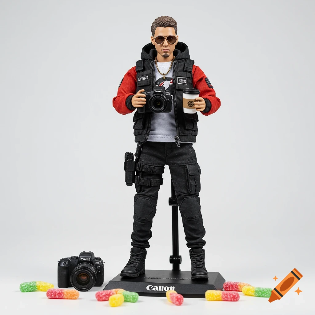 Action figure with coffee, camera, and gummy worms on Craiyon