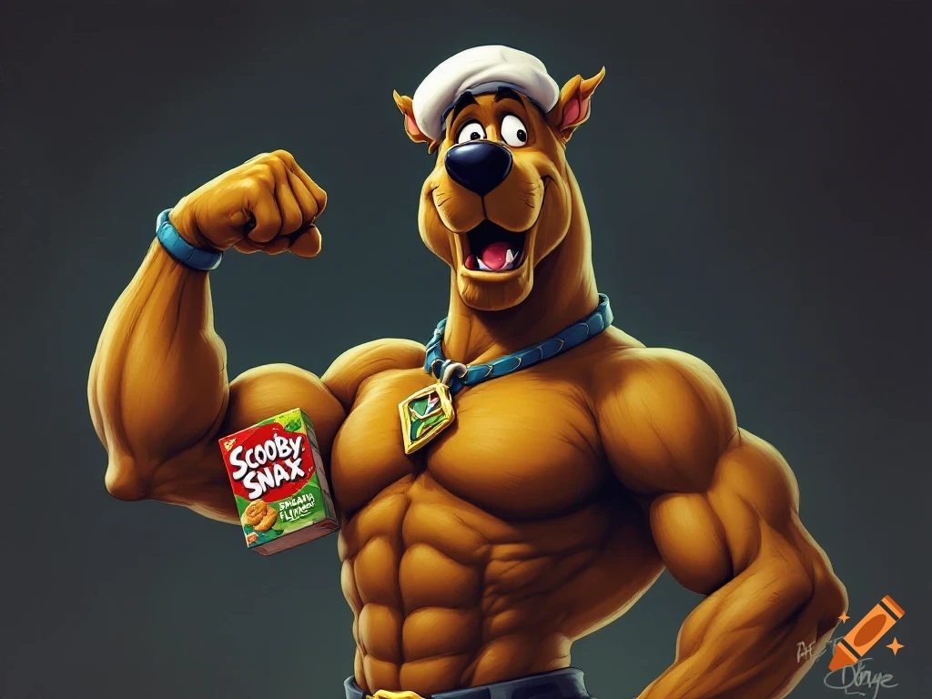 Scooby-Doo as Popeye flexing with Scooby Snax on Craiyon