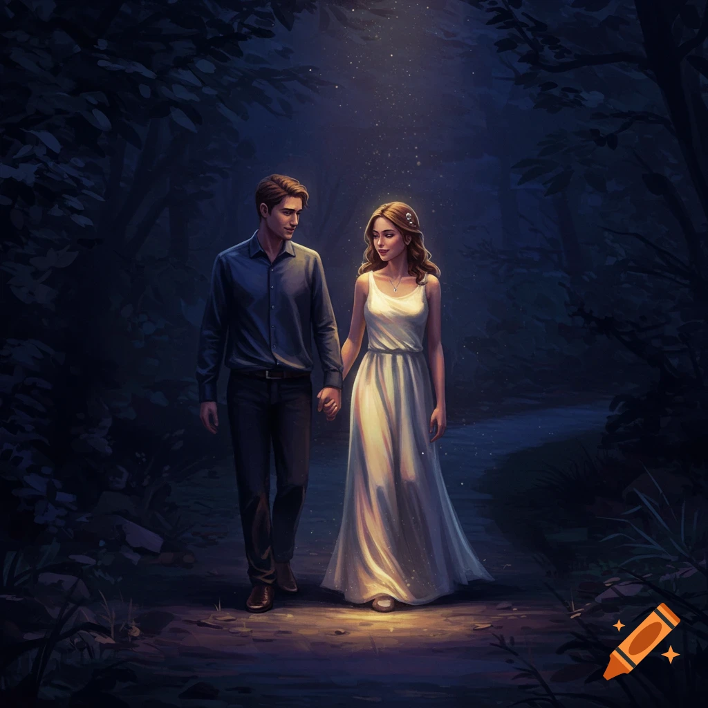 A man and woman walking a dark path, woman shining light. on Craiyon