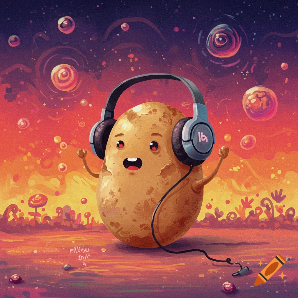 A cartoon potato wearing headphones plays a video game with a ...