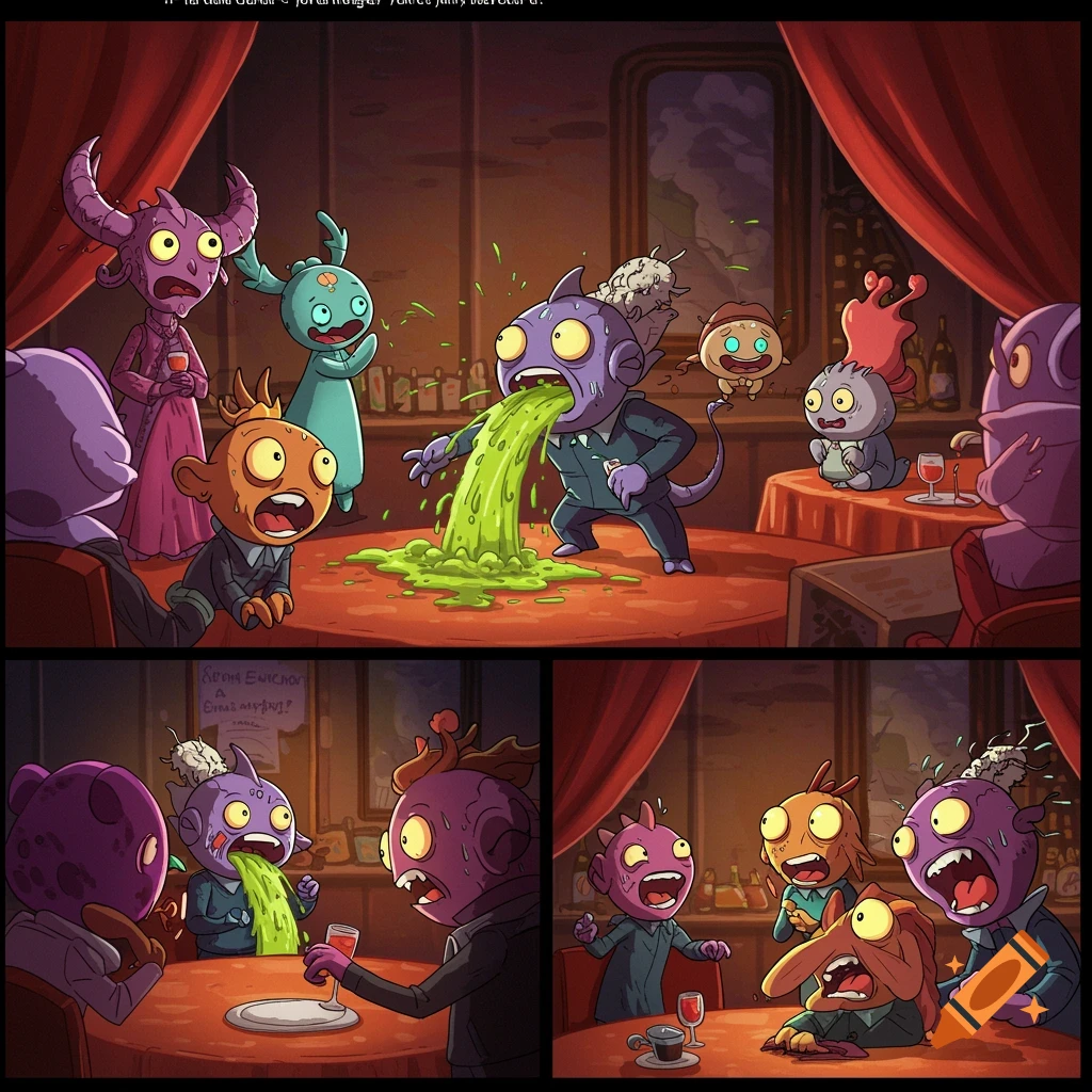 Cartoon monster family reunion with a vomiting monster on Craiyon