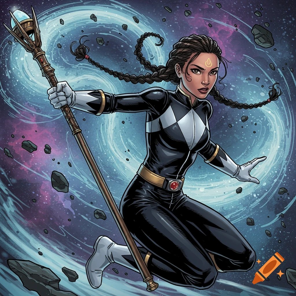 A female Power Ranger in a black suit holds a staff in space. on Craiyon