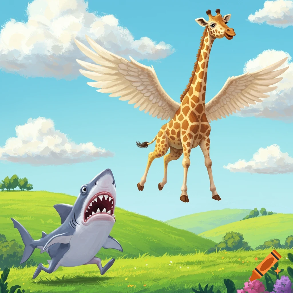A cartoon illustration of a winged giraffe flying over a field while a ...