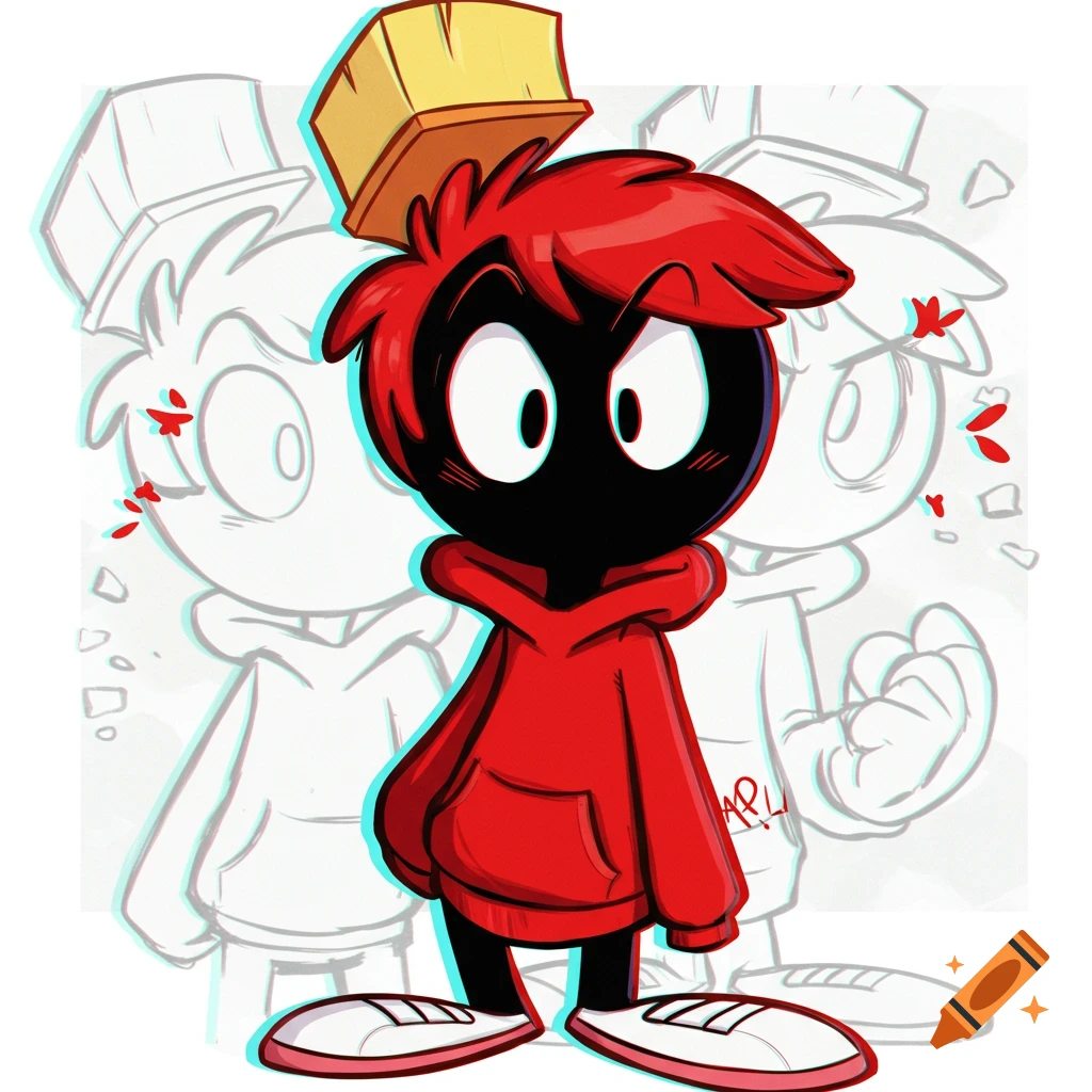 Cartoon depiction of Marvin the Martian with fluffy hair standing next ...