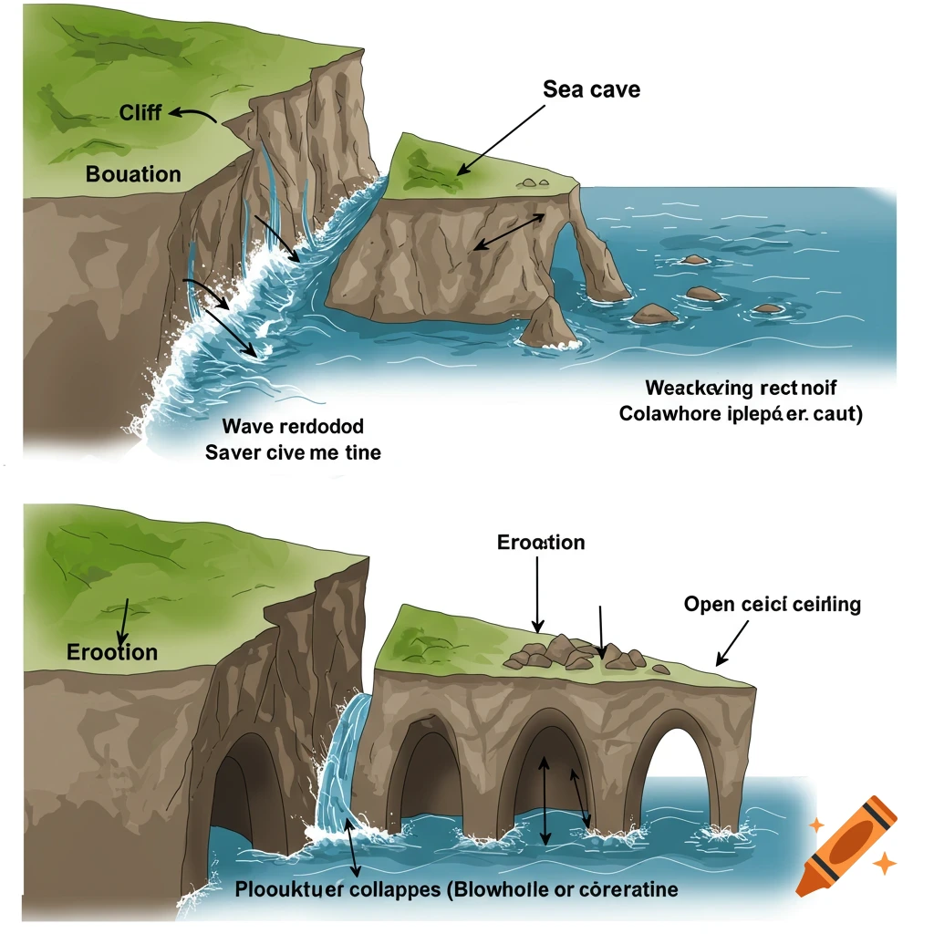 Diagram illustrating sea cave formation and collapse stages on Craiyon