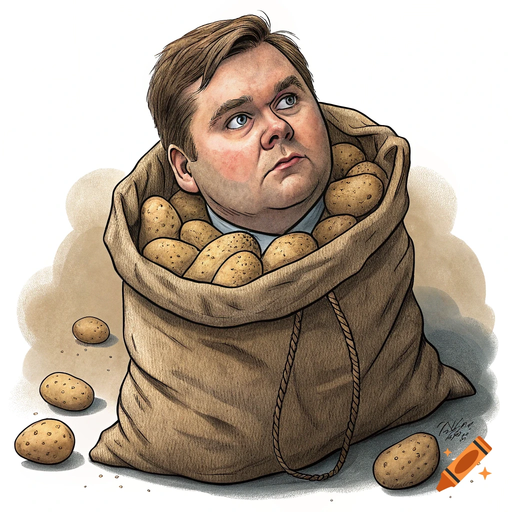Illustration of a man's head emerging from a sack filled with potatoes ...
