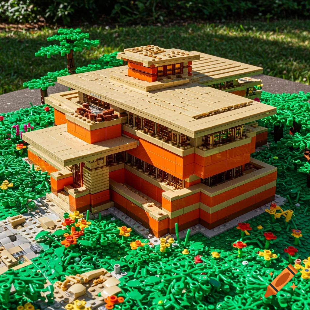 A Lego model of a Frank Lloyd Wright style house in a garden. on Craiyon