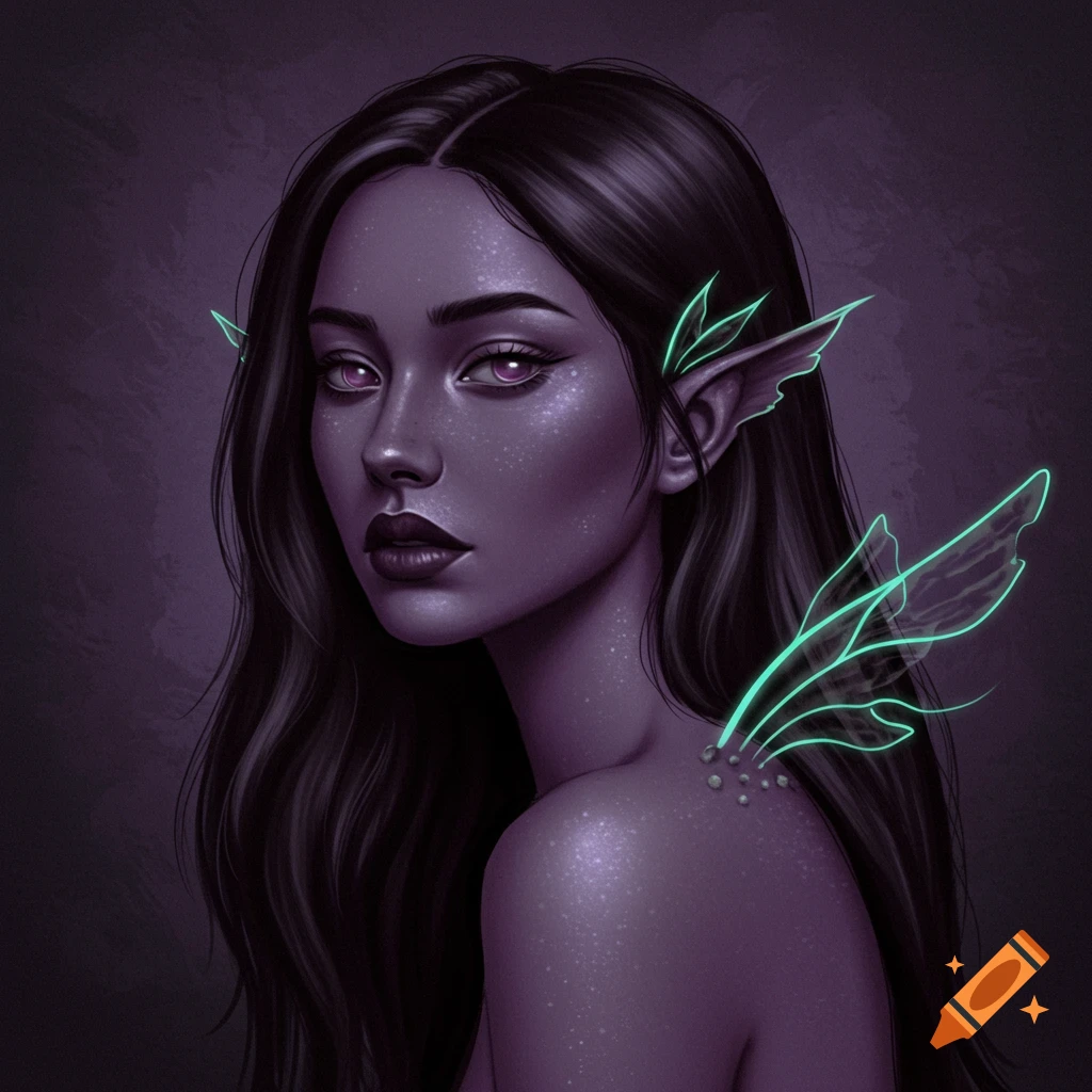 Woman with greyish purple skin, bioluminescent hair streaks, and wing ...