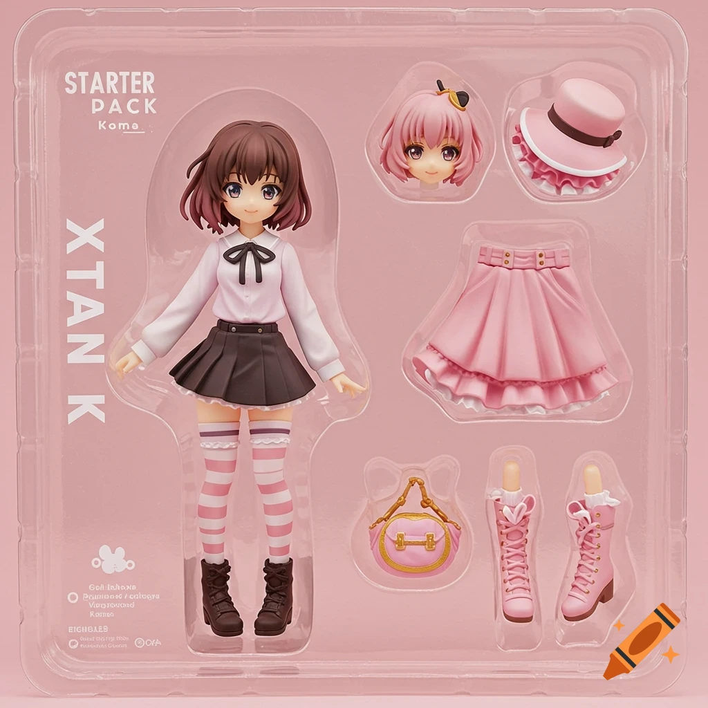 Cartoon-style gyaru figurine with accessories in starter pack, pink ...