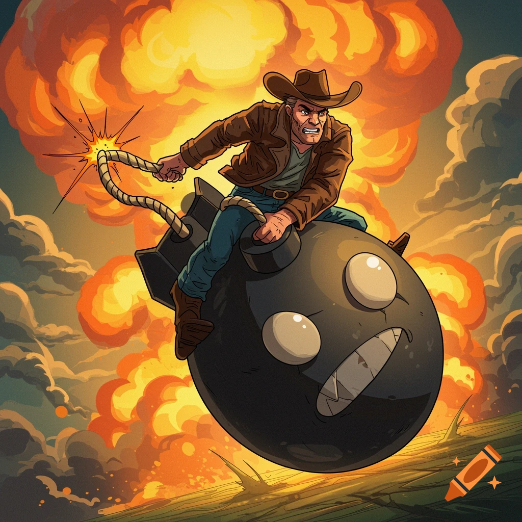 Man riding a bomb with cowboy hat, falling to ground on Craiyon