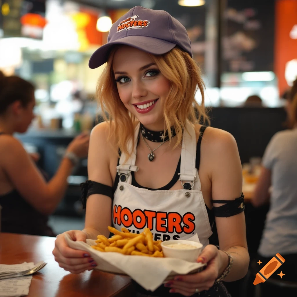Woman in Hooters uniform holds a plate of french fries in a restaurant ...