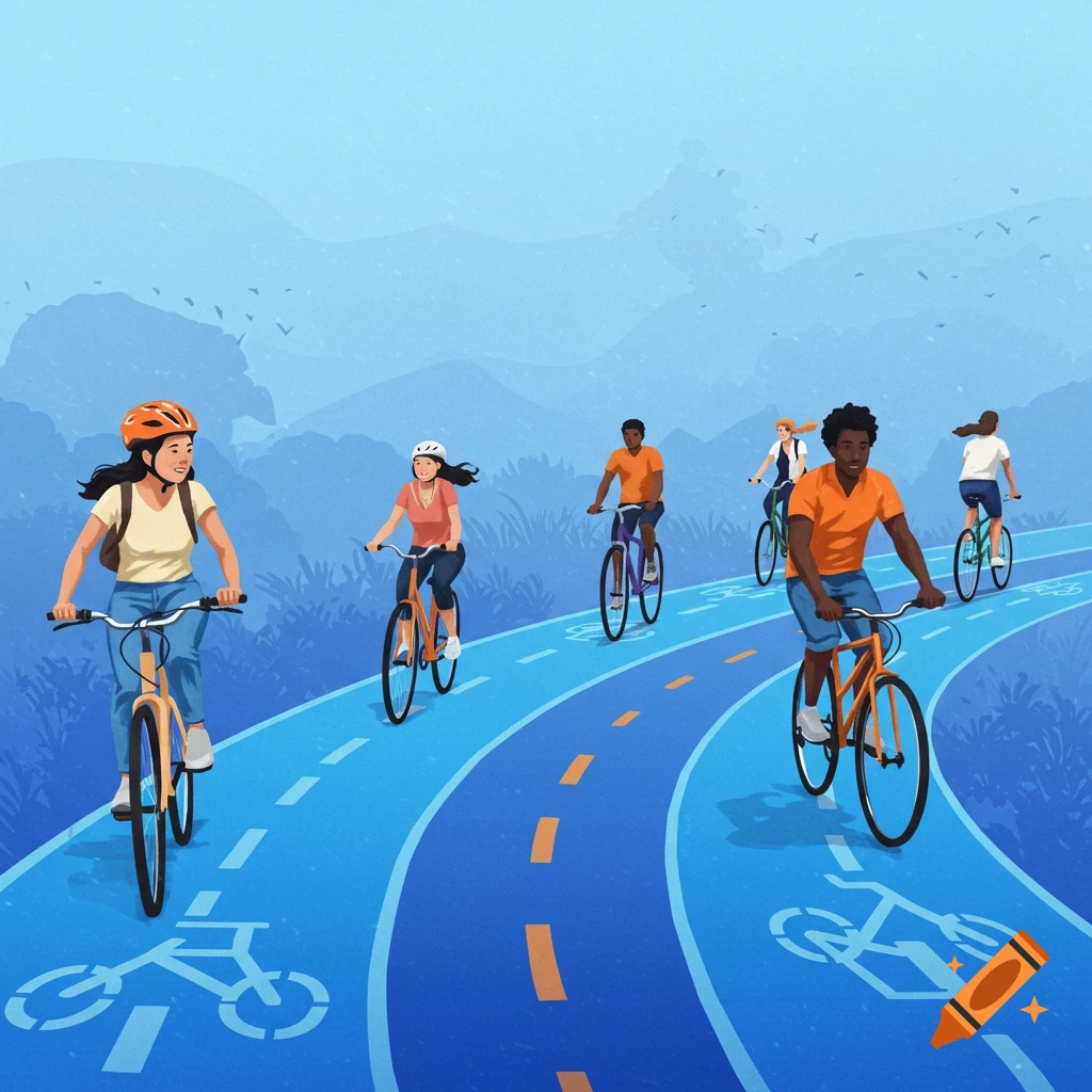 Bike lanes with people riding bikes, soft blue and warm orange color ...