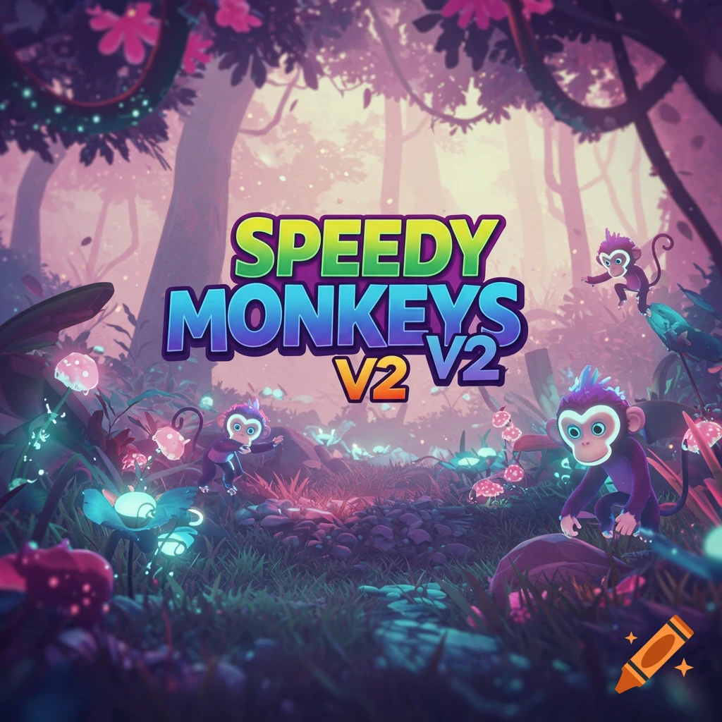 Artsy VR game cover depicting Speedy Monkeys V2 with forest on Craiyon