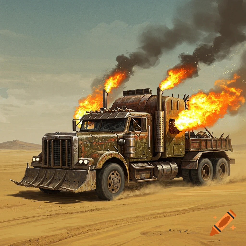 Mad Max-style sludgy semi truck driving through the desert with flames ...