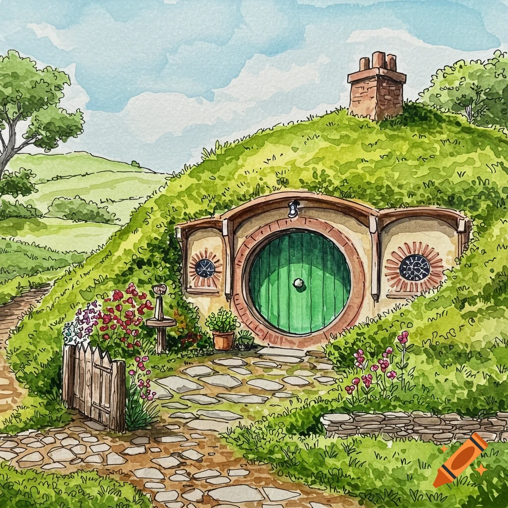 Bag End in Hobbiton, black marker outline with watercolor washes on Craiyon
