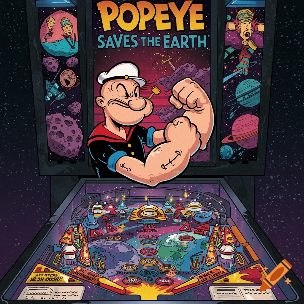 Popeye playing 'Popeye Saves the Earth' pinball machine, cartoon style ...