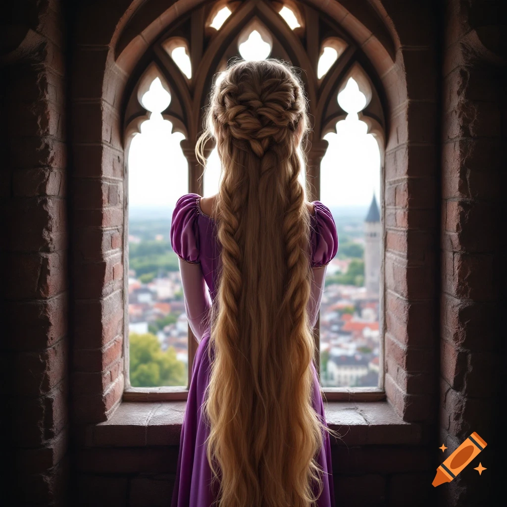 Friend as Rapunzel in castle tower window on Craiyon
