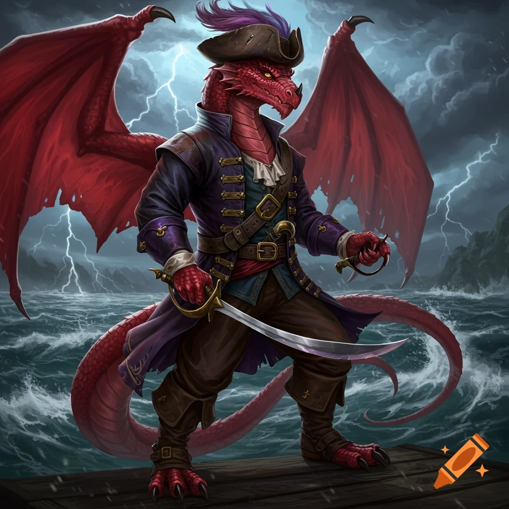 A red half-dragon commoner stands in a medieval town street with arms ...