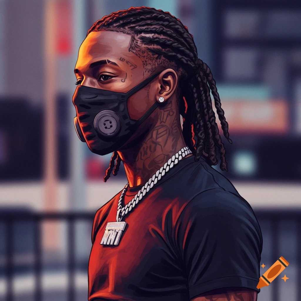 Image of a rapper wearing a mask and diamond chain against a blurred ...