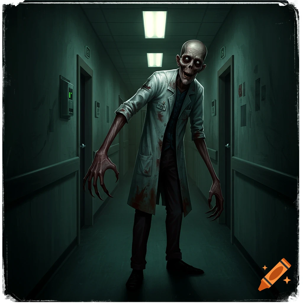 Scary doctor's arm reaching out in a hallway on Craiyon