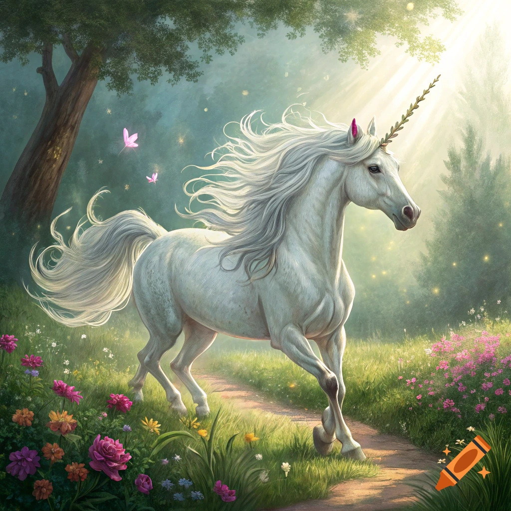A colorful unicorn with a rainbow mane and tail trots through a vibrant, flowery meadow with ...