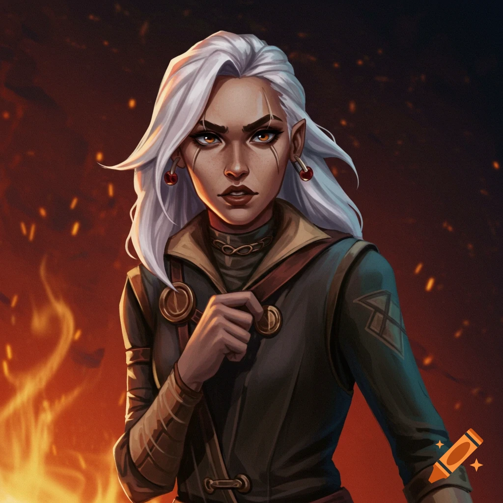 Regal female Tiefling with red skin, white hair, and horns in fighting ...