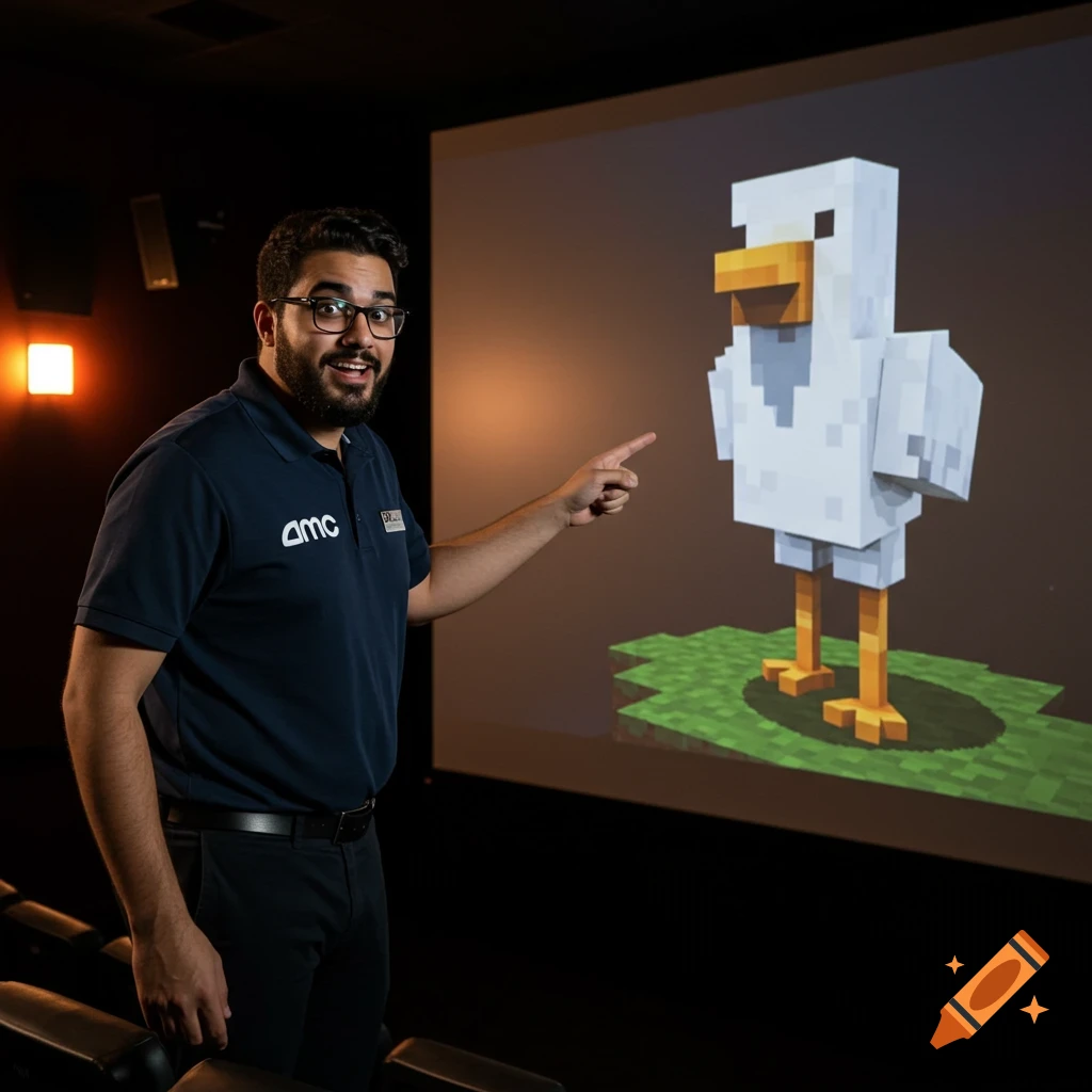 AMC theater worker pointing at Minecraft chicken jockey image on Craiyon