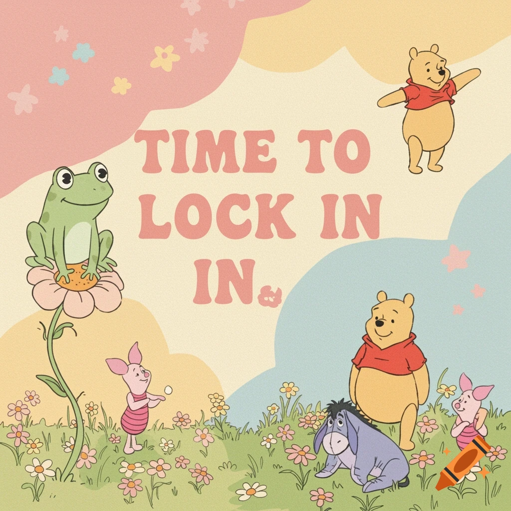 Cartoon wallpaper with a frog and Winnie the Pooh, text saying 'time to ...