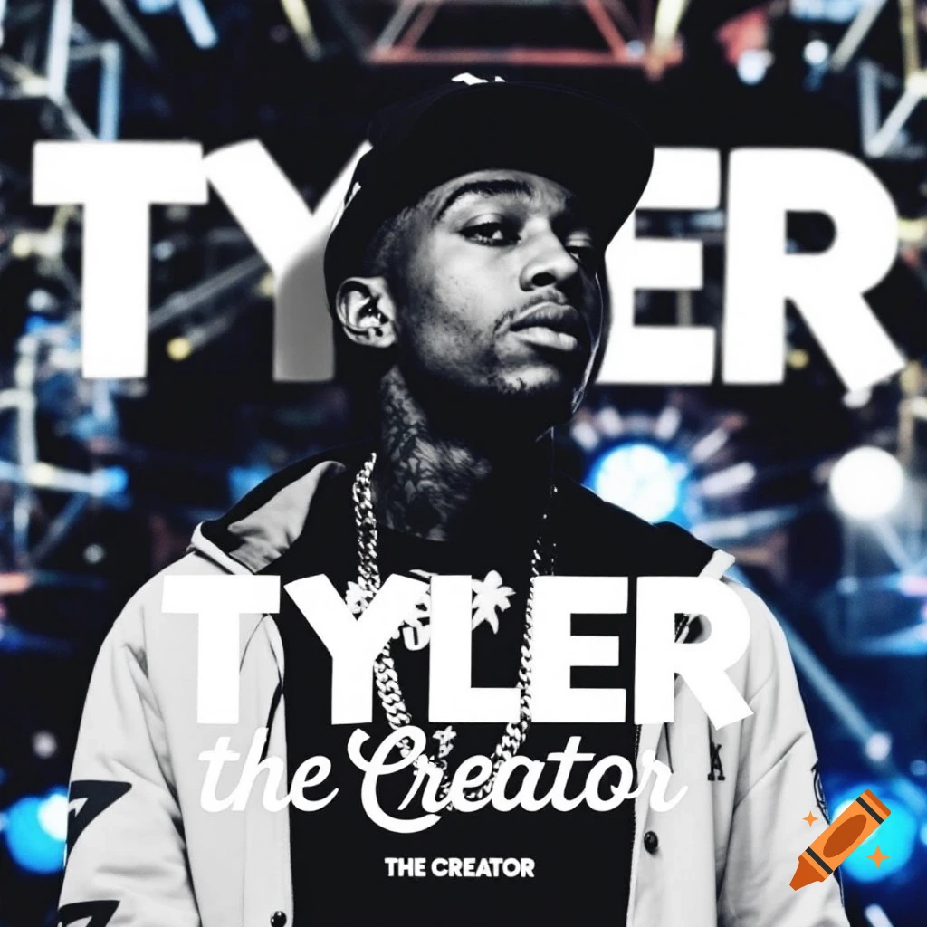 Portrait of Tyler The Creator with his name in large text. on Craiyon