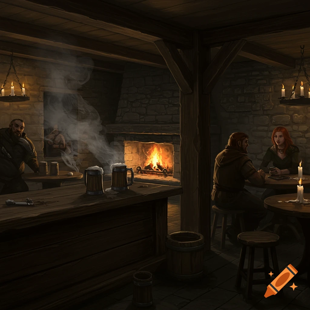 A cozy fantasy tavern interior with a bartender behind a bar, tables, a fireplace, stairs, and a ...