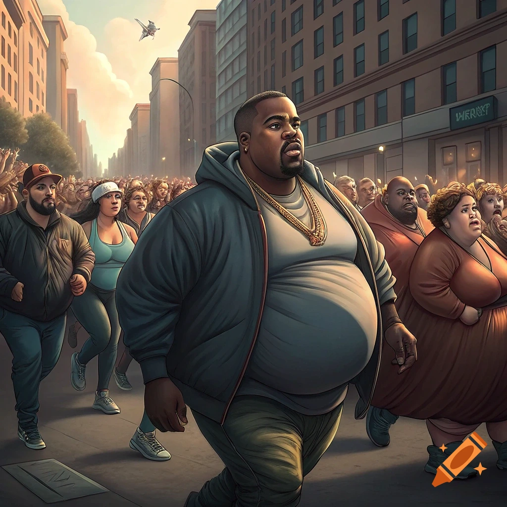 Kanye West leading a large crowd of overweight people on Craiyon