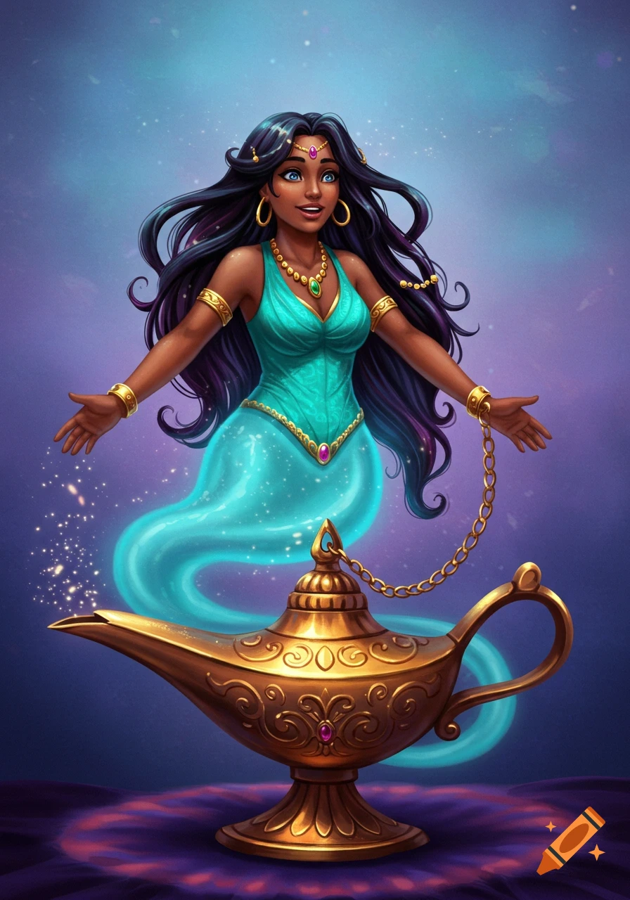 A golden magic genie lamp with stars and sparkles, digital illustration. on Craiyon