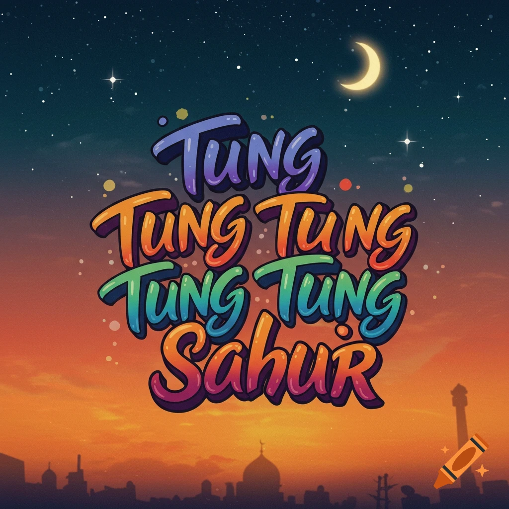Colorful stylized text "TUNG TUNG TUNG TUNG Sahur" over a night sky ...