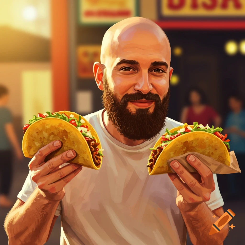 A bald man with a beard holding two tacos. on Craiyon