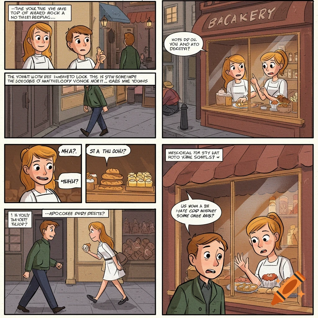 Comic strip of a man's romantic encounter at a bakery on Craiyon