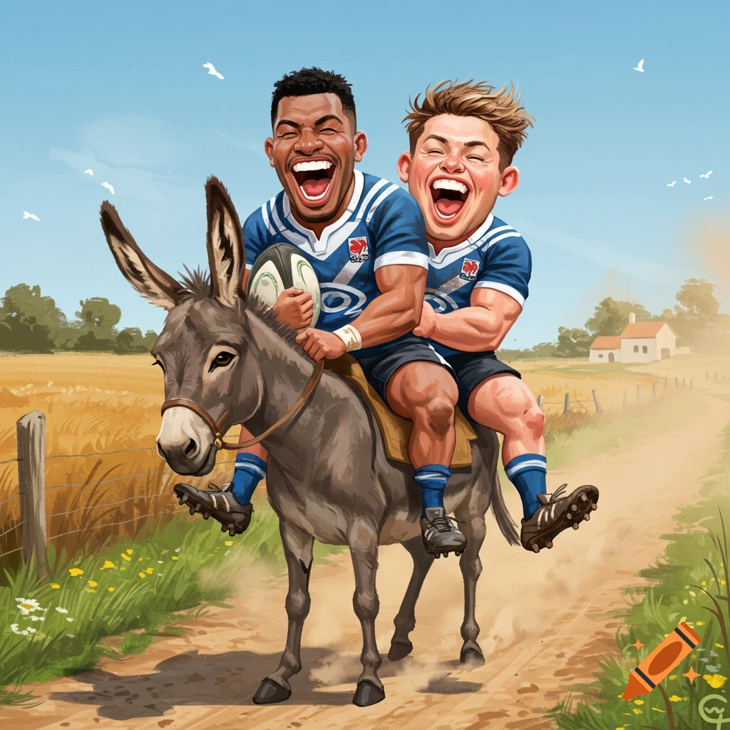 Two caricature rugby players laughing while riding a donkey down a dirt ...