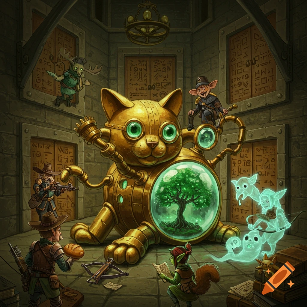 Steampunk clockwork cat creature in vault with cowboy, elf, goblin ...