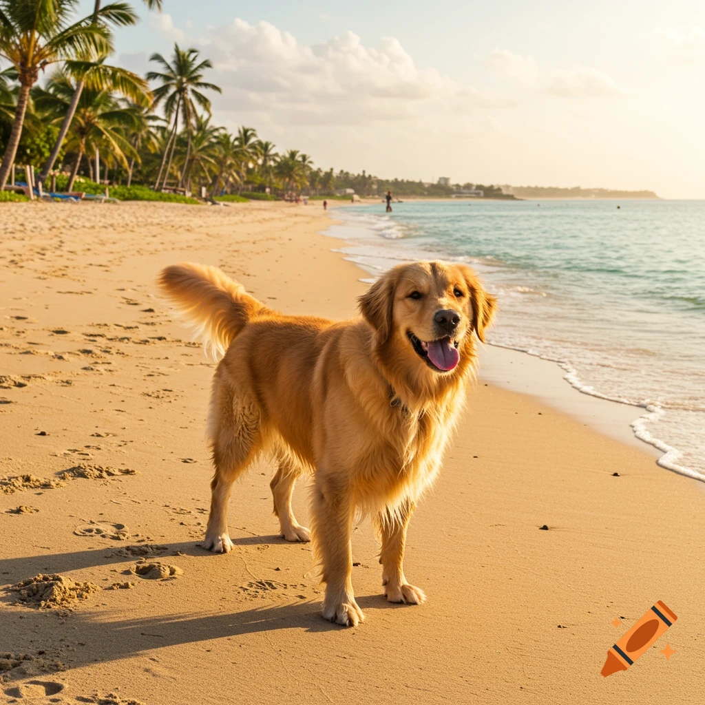 A golden retriever dog stands on a sandy beach near the ocean. on Craiyon