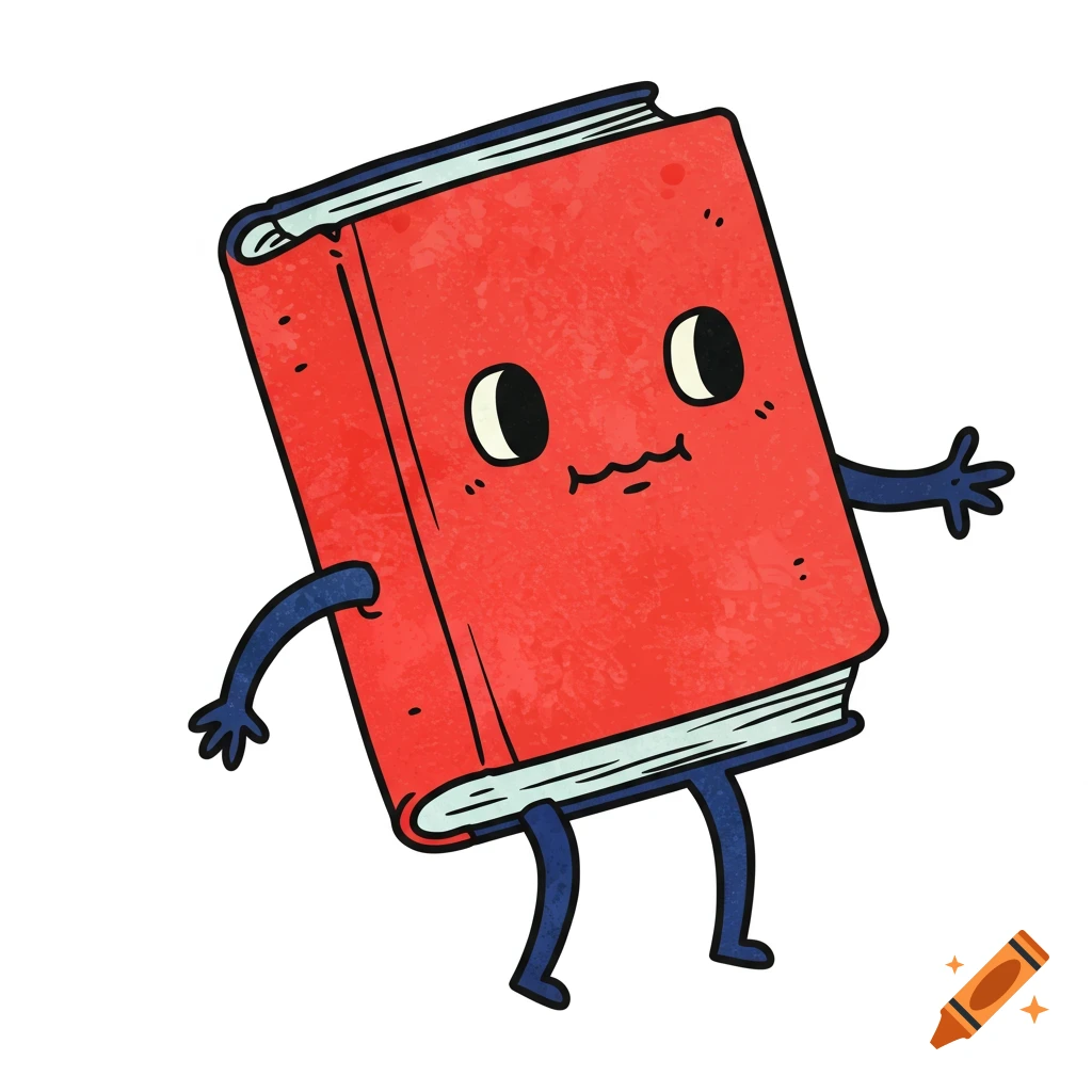 A cartoon red book character with a face, stick arms, and legs. on Craiyon
