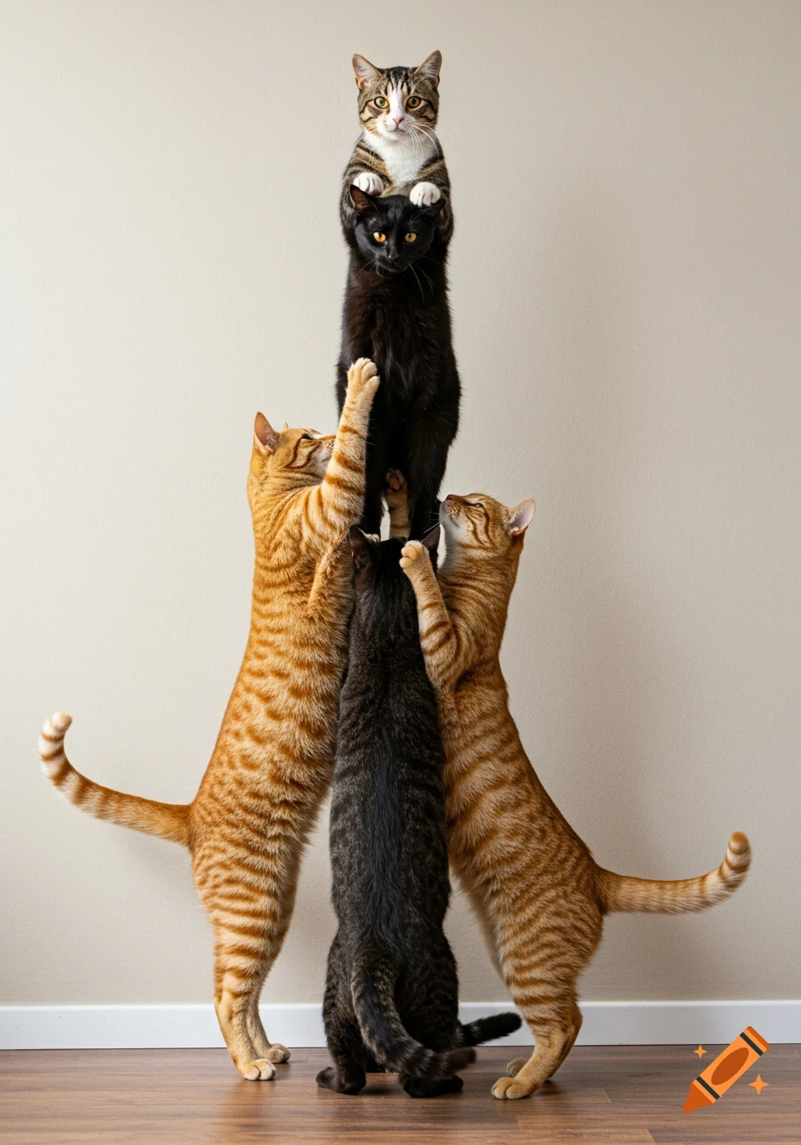 Photorealistic image of a tower of four cats standing on each other's ...