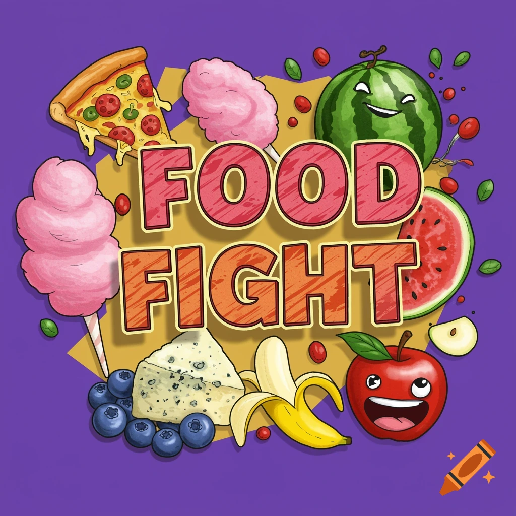 FOOD FIGHT collage with cartoon food characters on Craiyon