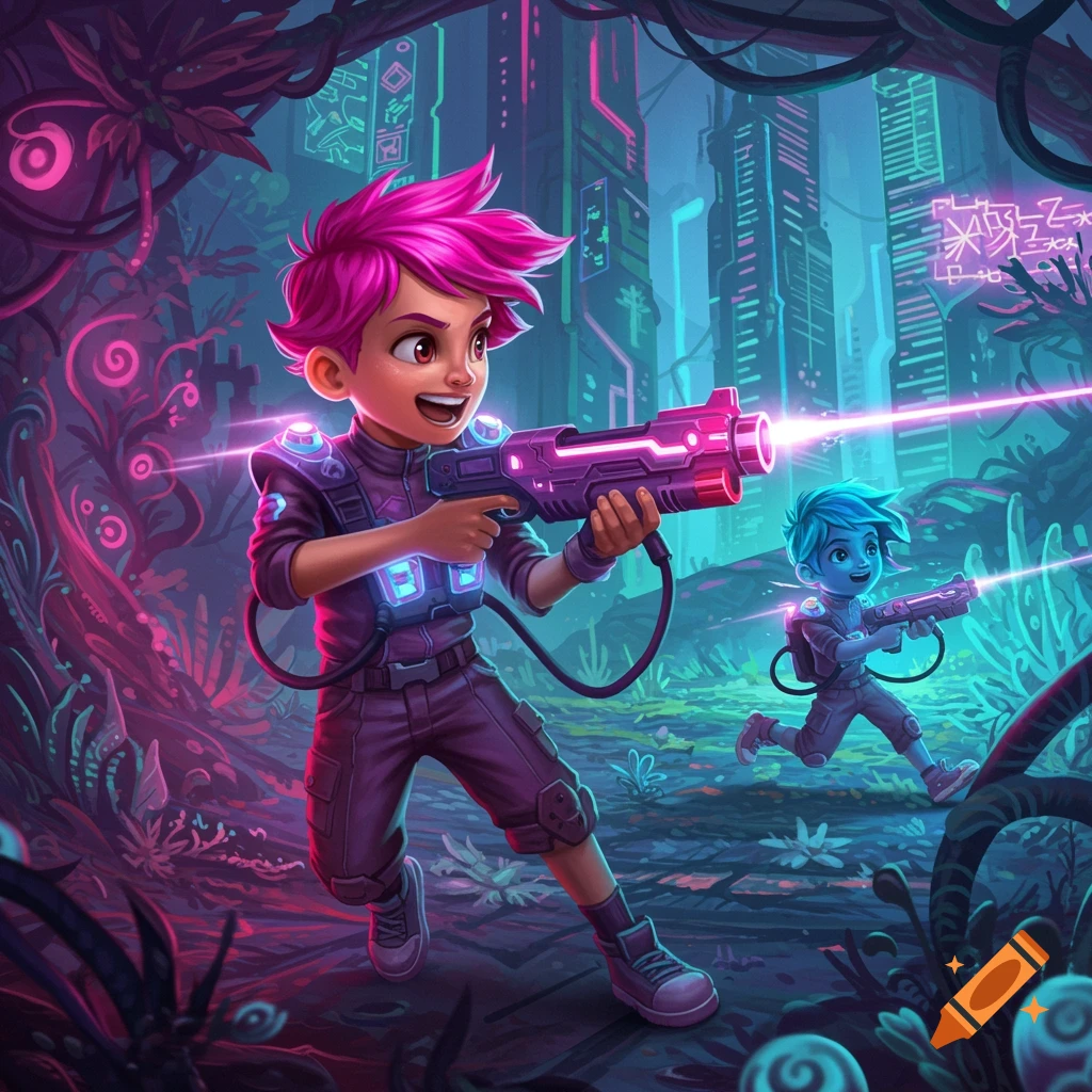 Futuristic children playing laser tag on Craiyon