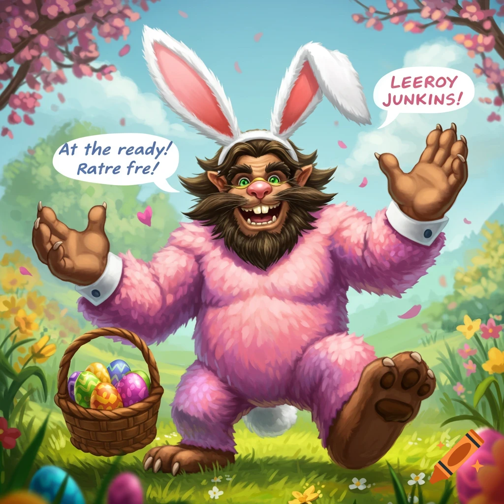 Leeroy Jenkins from Warcraft is depicted as a pink Easter Bunny in a ...