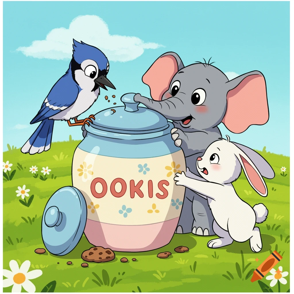 Cartoon blue jay, elephant, and rabbit trying to open a cookie jar ...