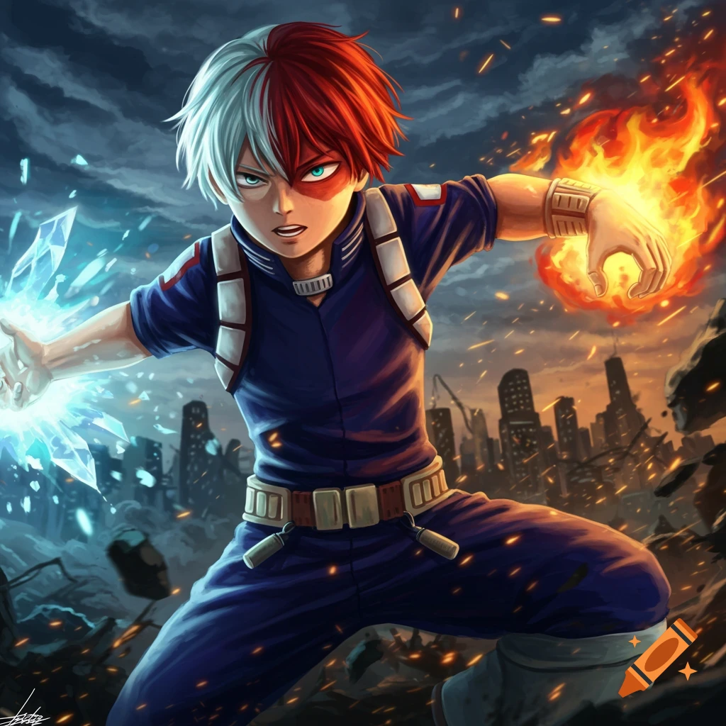 Anime art of Shoto Todoroki standing with ice and fire powers in a city ...