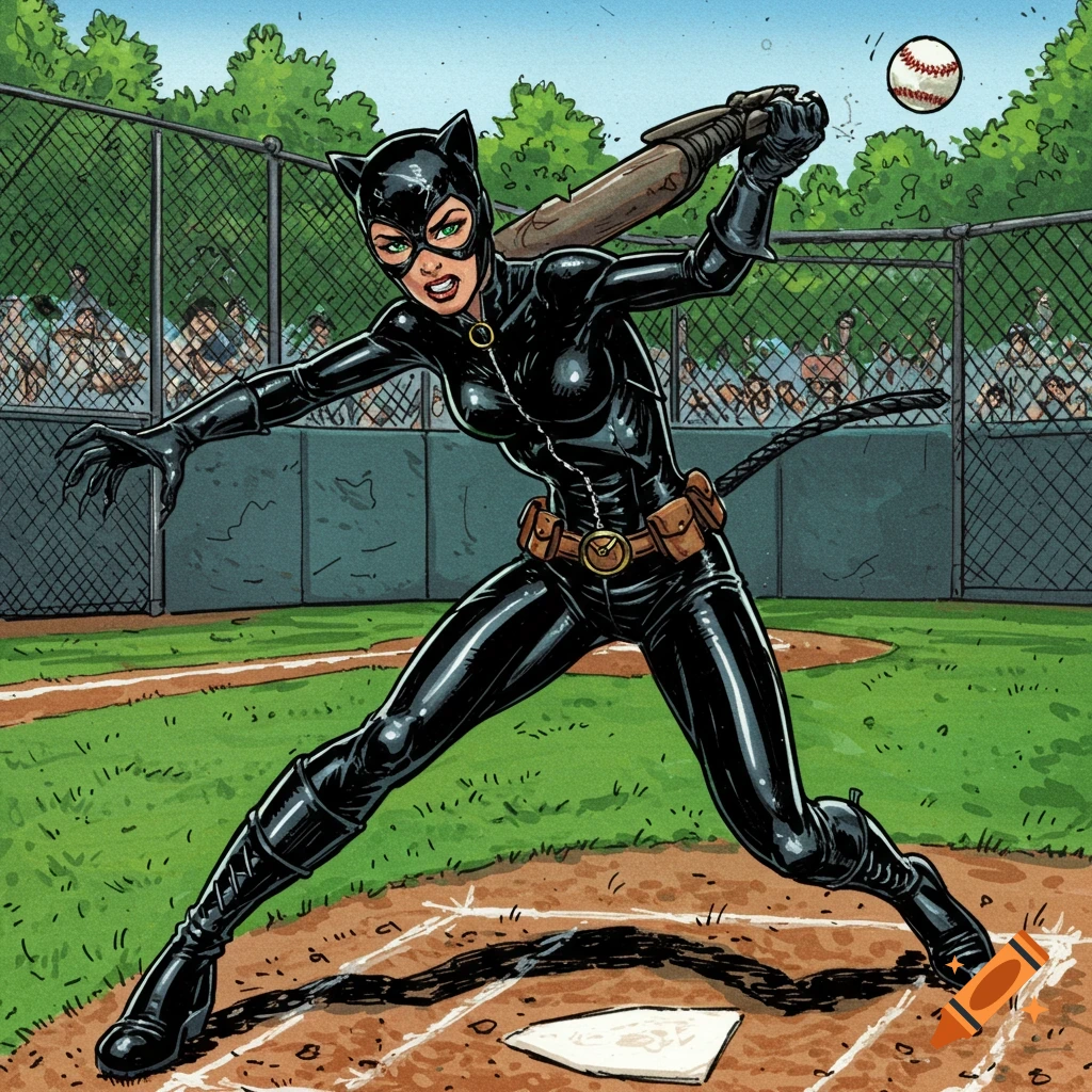 Catwoman swings a baseball bat on a field in comic book style. on Craiyon