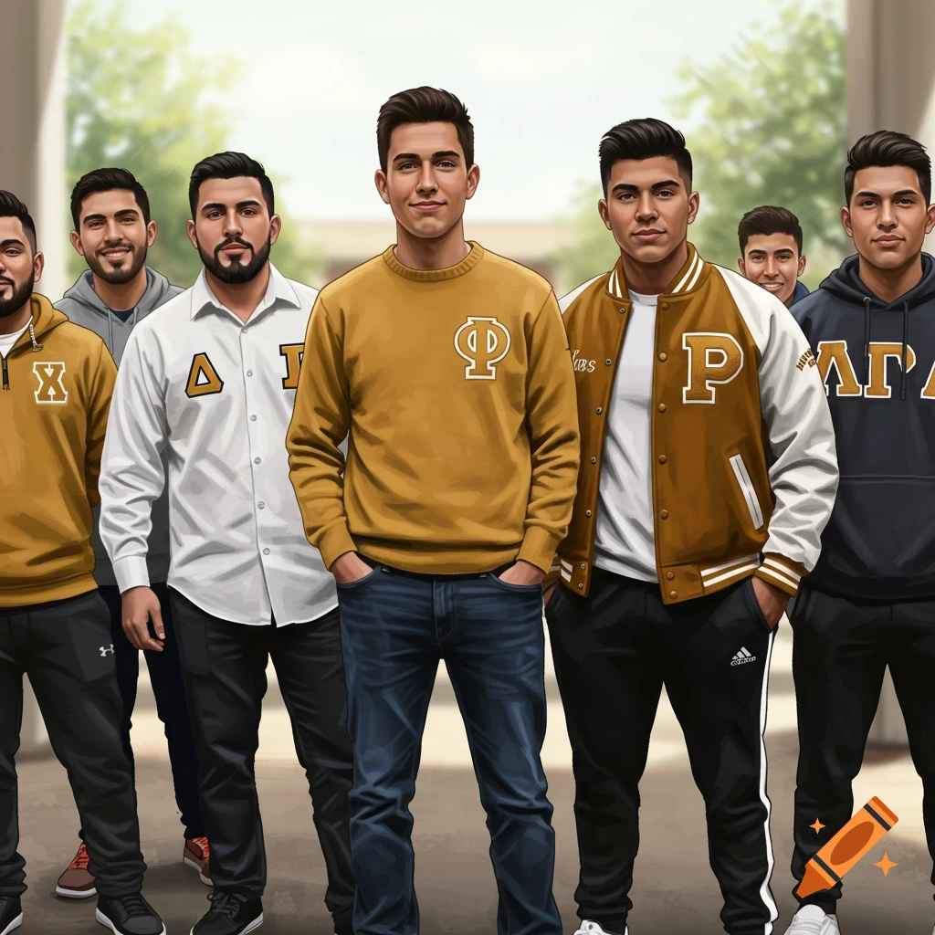 Hispanic male college students in Greek lettered jackets and sweaters ...