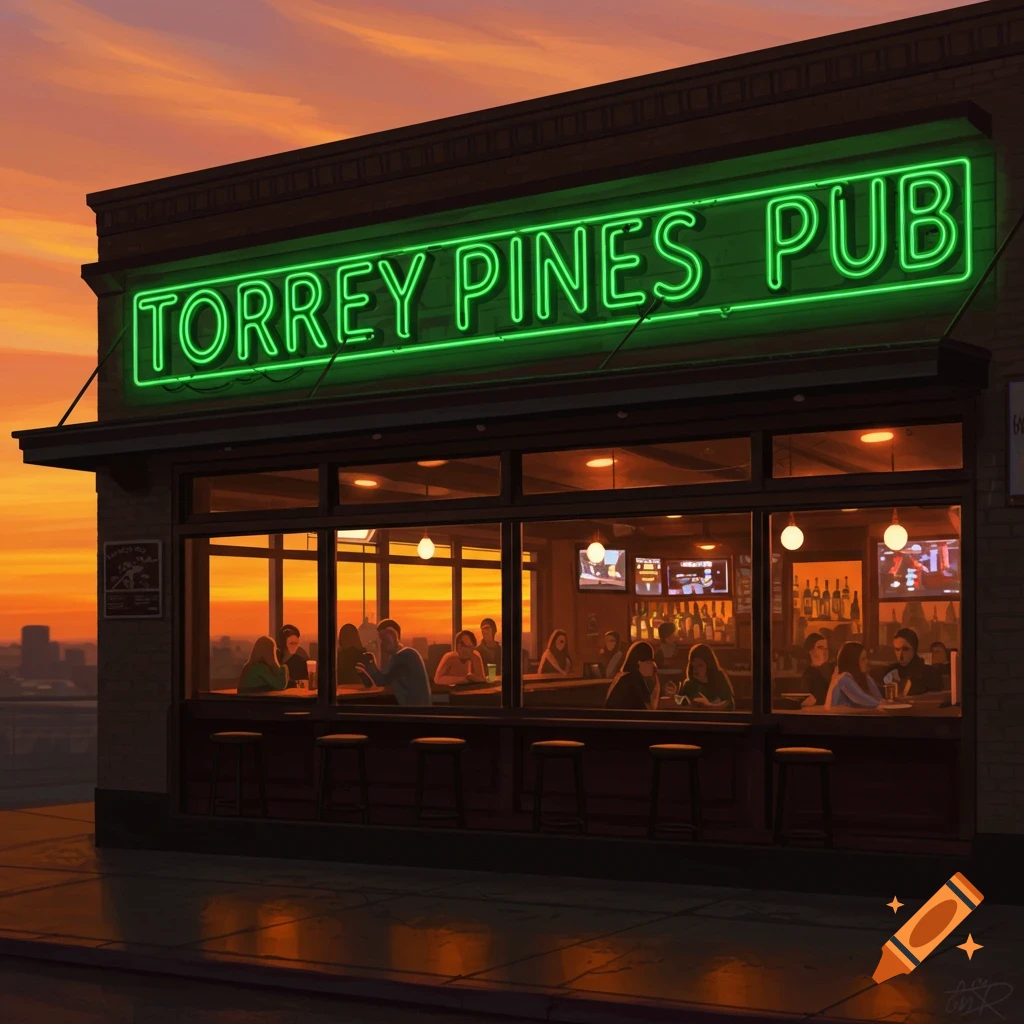 Bar at sunset with green neon TORREY PINES PUB sign on Craiyon