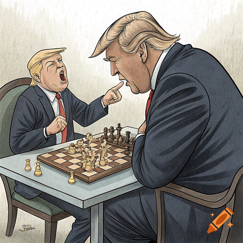 Caricature of Donald Trump arguing with a larger version of himself ...